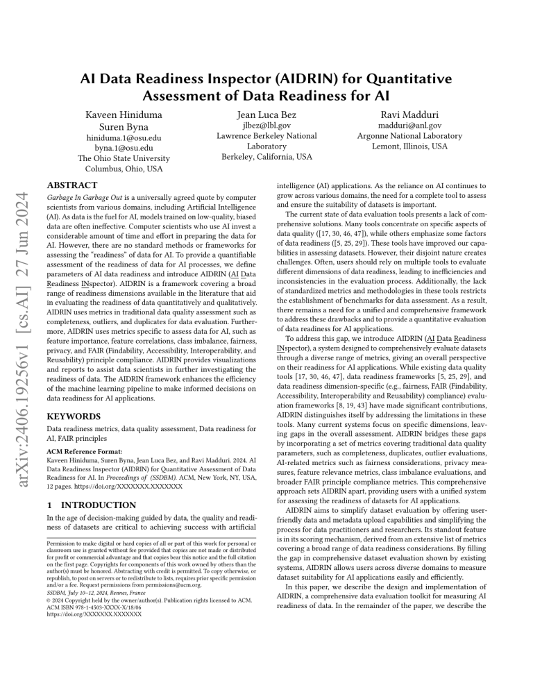 AIDRIN: AI Data Readiness Assessment Framework