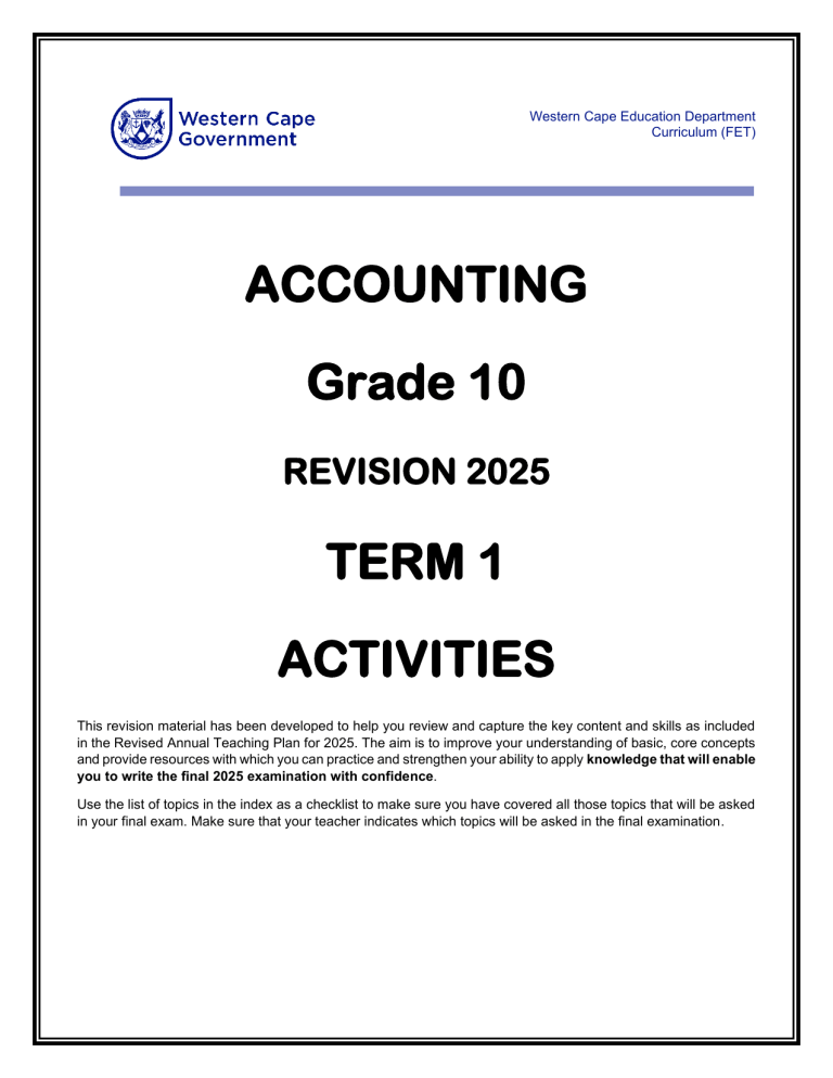 Grade 10 Accounting Revision 2025 Term 1 Activities - Western Cape ED
