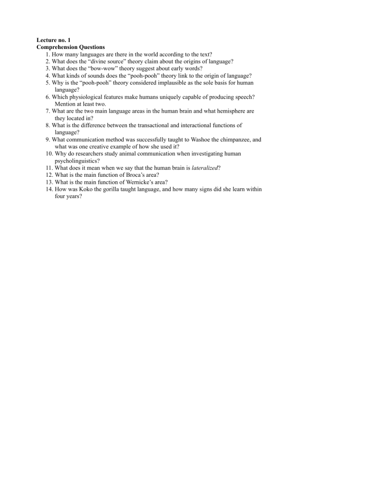 Lecture 1 Comprehension Questions: Language Origins & Brain