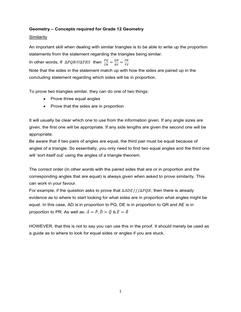 Grade 12 Geometry: Similarity & Proportionality Theorems