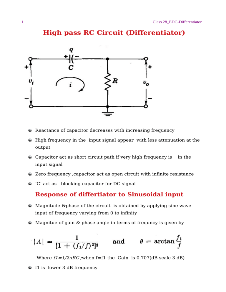 RC Differentiator Circuit: High Pass Filter Response & Design