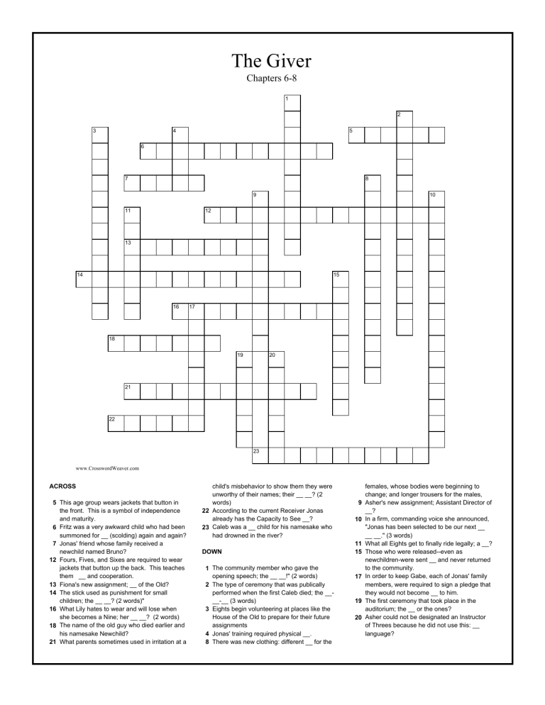 The Giver Chapters 6-8 Crossword Puzzle | English Language Arts