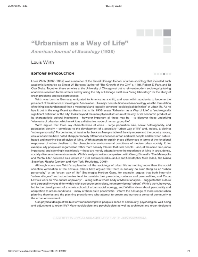 Louis Wirth: Urbanism as a Way of Life - Sociology & City Studies