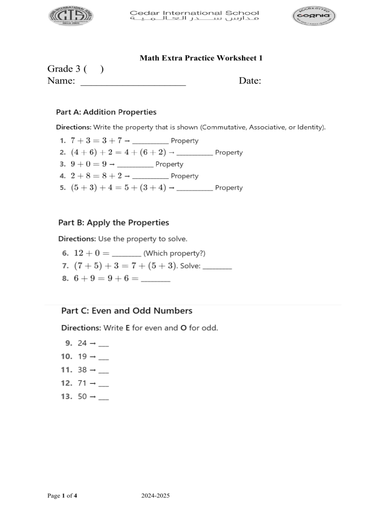 Grade 3 Math Worksheet: Addition Properties & Even/Odd Numbers