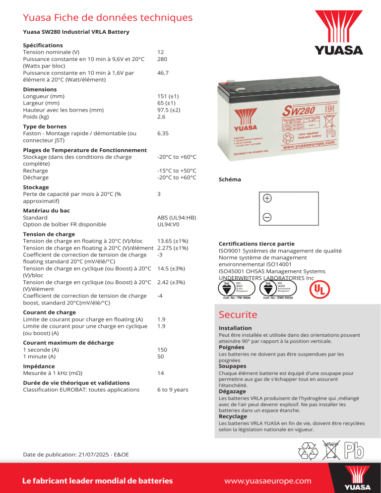 Fiche technique Yuasa SW280 Batterie