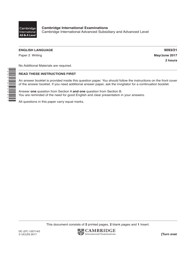 Cambridge English Language Writing Exam Paper 9093/21