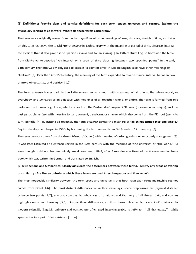 Space, Universe, Cosmos: Definitions, Etymology & Distinctions