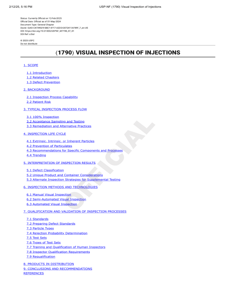 USP-NF 〈1790〉 Visual Inspection of Injections: Guidance & Standards