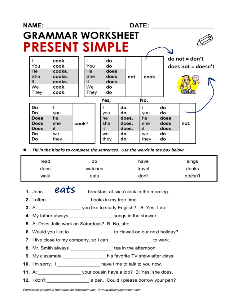Present Simple Grammar Worksheet: Practice & Exercises