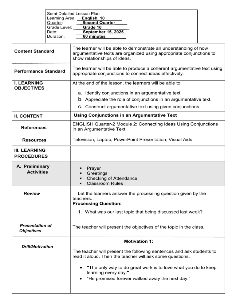 English 10 Lesson Plan: Conjunctions in Argumentative Text