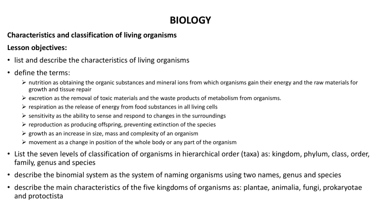 Biology: Characteristics & Classification Lesson Plan