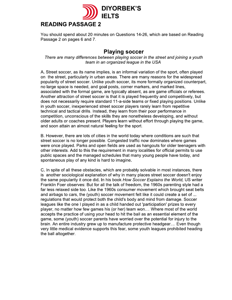 IELTS Reading Passage: Playing Soccer - Street vs. Organized Leagues