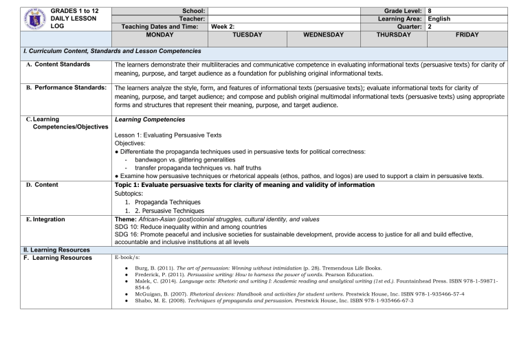 Grade 8 English Lesson Log: Evaluating Persuasive Texts & Propaganda