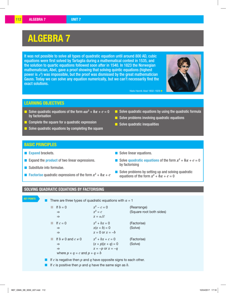 Algebra 7: Solving Quadratic Equations by Factorisation & Completing ...