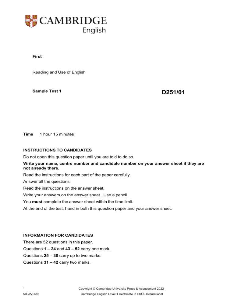Cambridge English First (B2) Reading & Use of English Sample Test 1