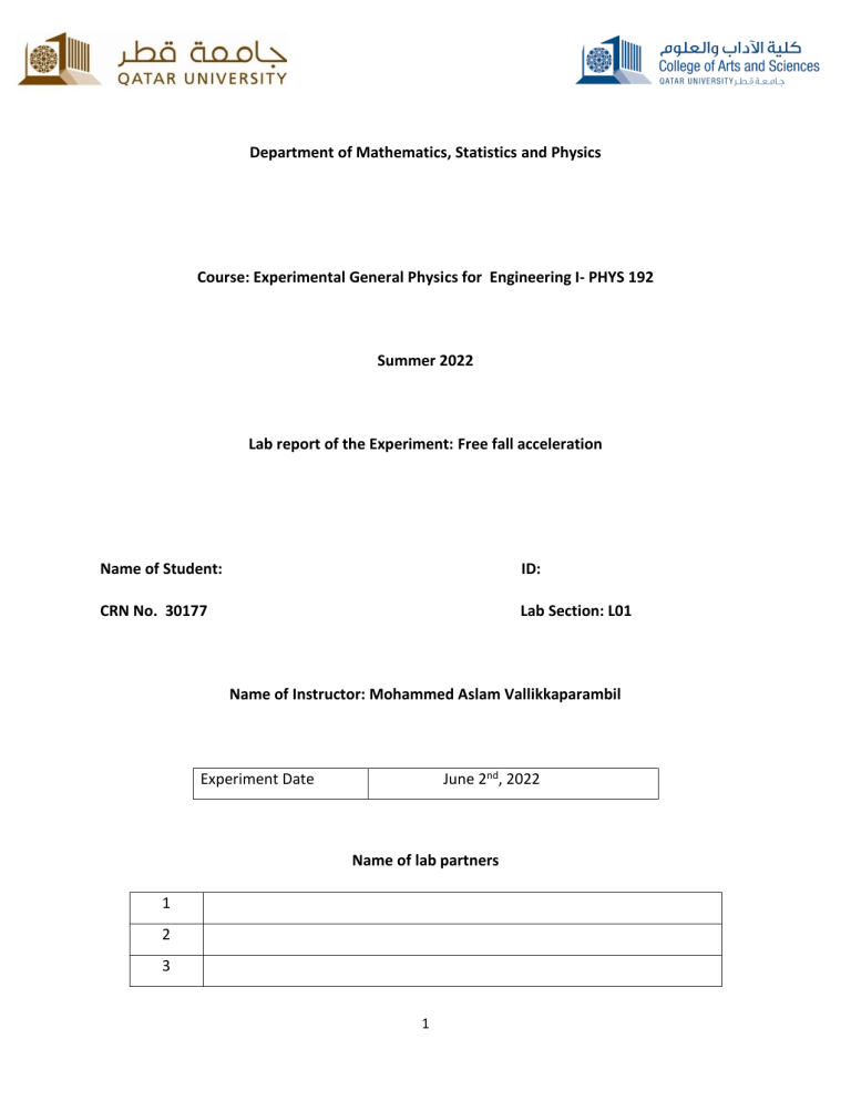 Free Fall Acceleration Lab Report | Experimental General Physics