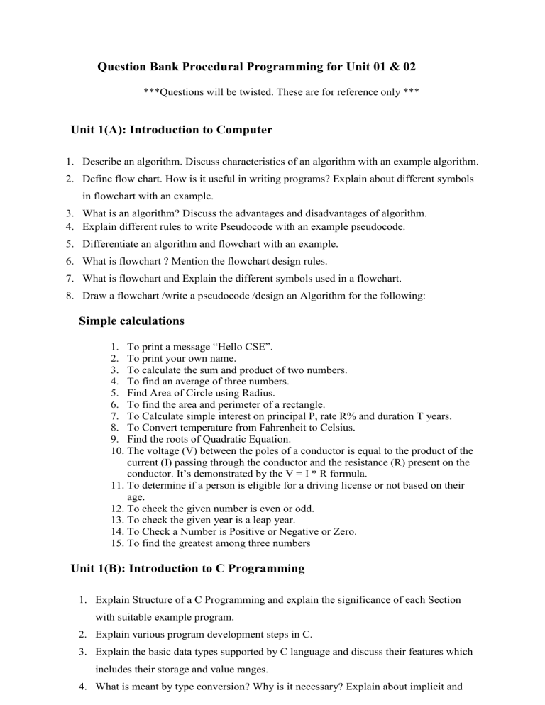 Procedural Programming Question Bank: Algorithms, Flowcharts & C Basics