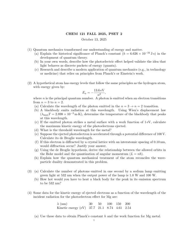 Quantum Chemistry Problem Set 2 - CHEM 121