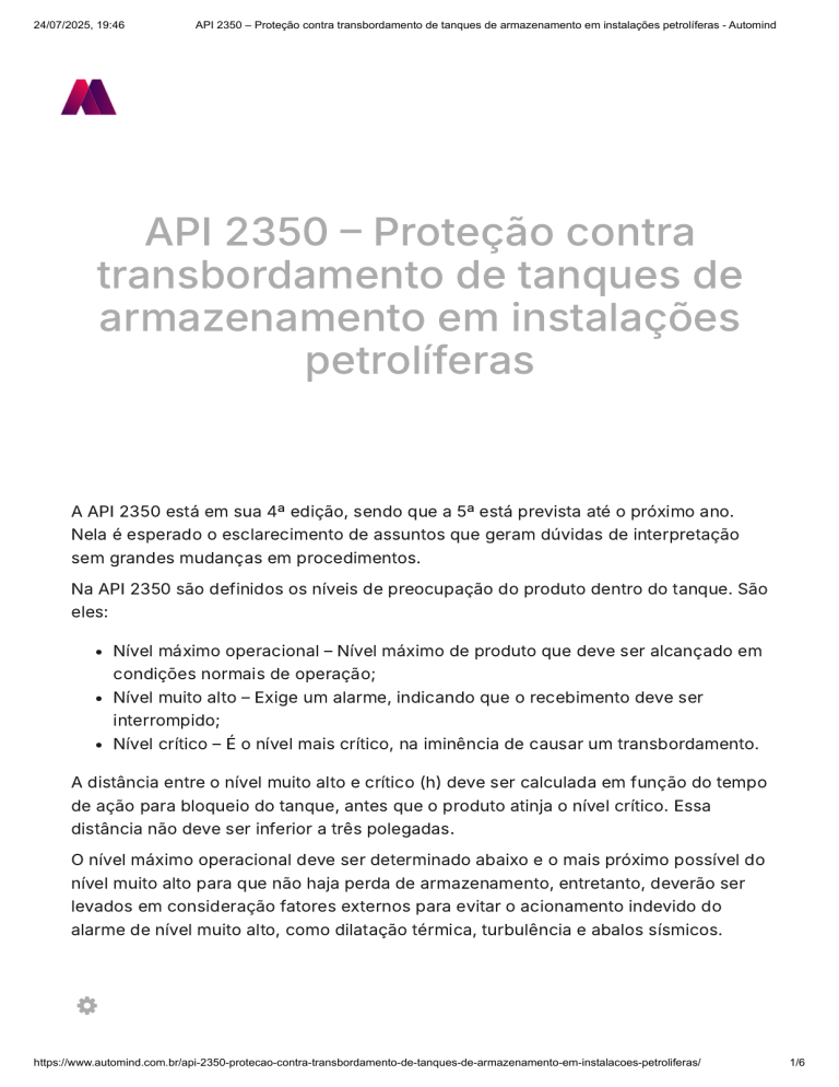 API 2350 – Proteção contra transbordamento de tanques de armazenamento ...