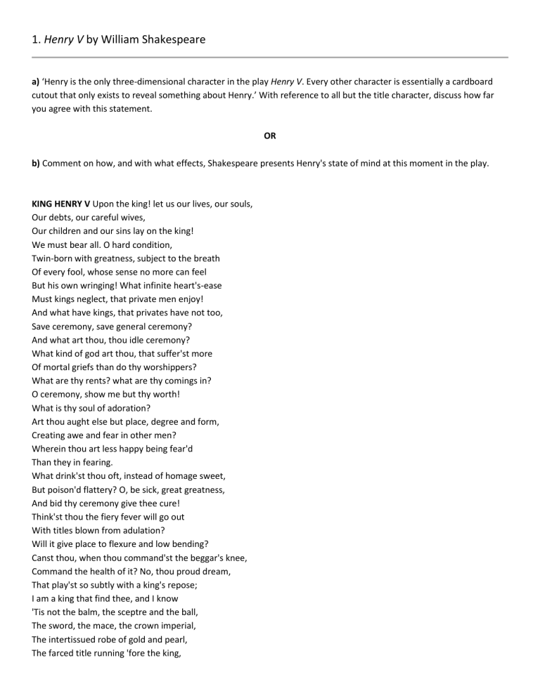 Shakespearean Play Analysis: Henry V, Macbeth, Othello Questions