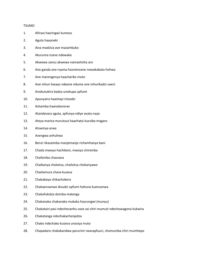 Shona Proverbs Collection: Tsumo - Traditional Wisdom & Culture