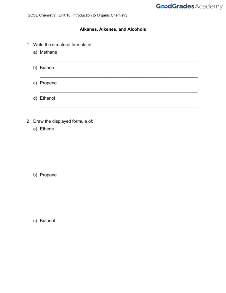 Organic Chemistry: Alkanes, Alkenes, Alcohols Worksheet