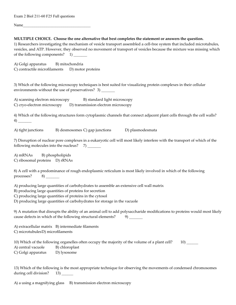 Biology Exam 2: Cell Structure & Function