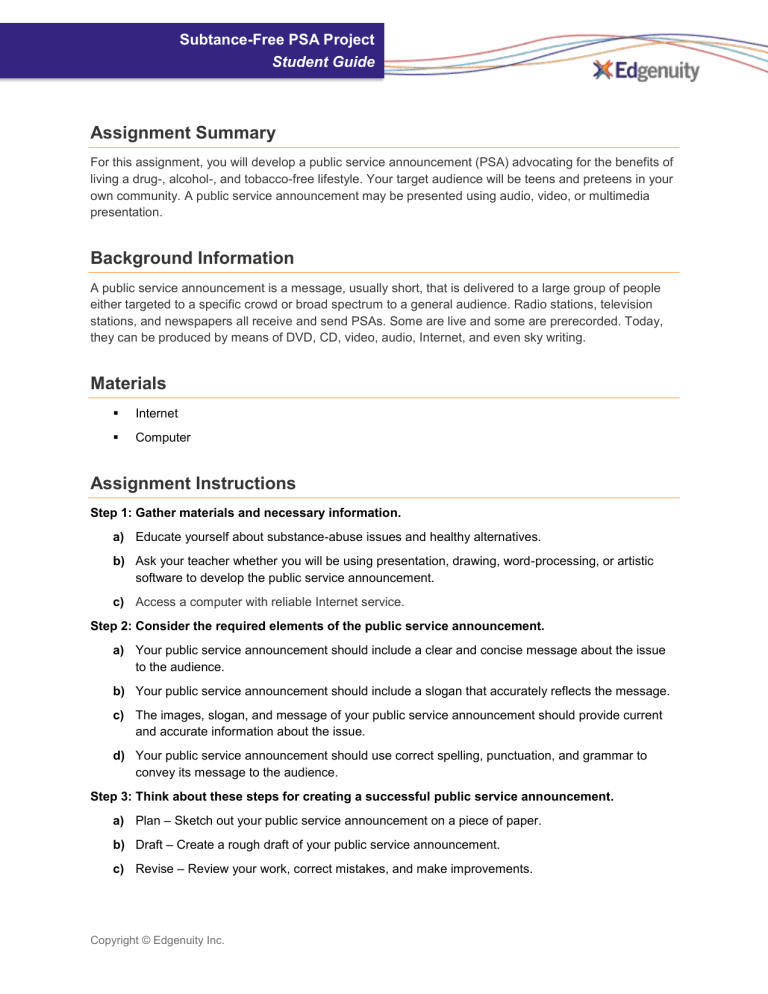 Substance-Free PSA Project: Student Guide for Teens