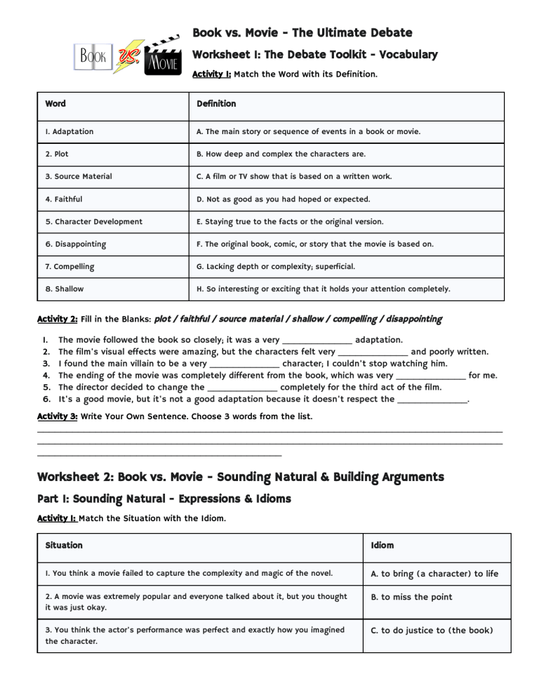 Book vs. Movie Debate Worksheet: Vocabulary & Arguments