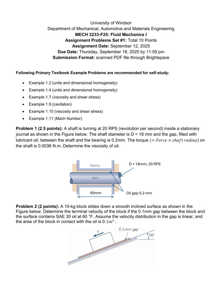 Fluid Mechanics I Assignment Problems Set #1 - University of Windsor