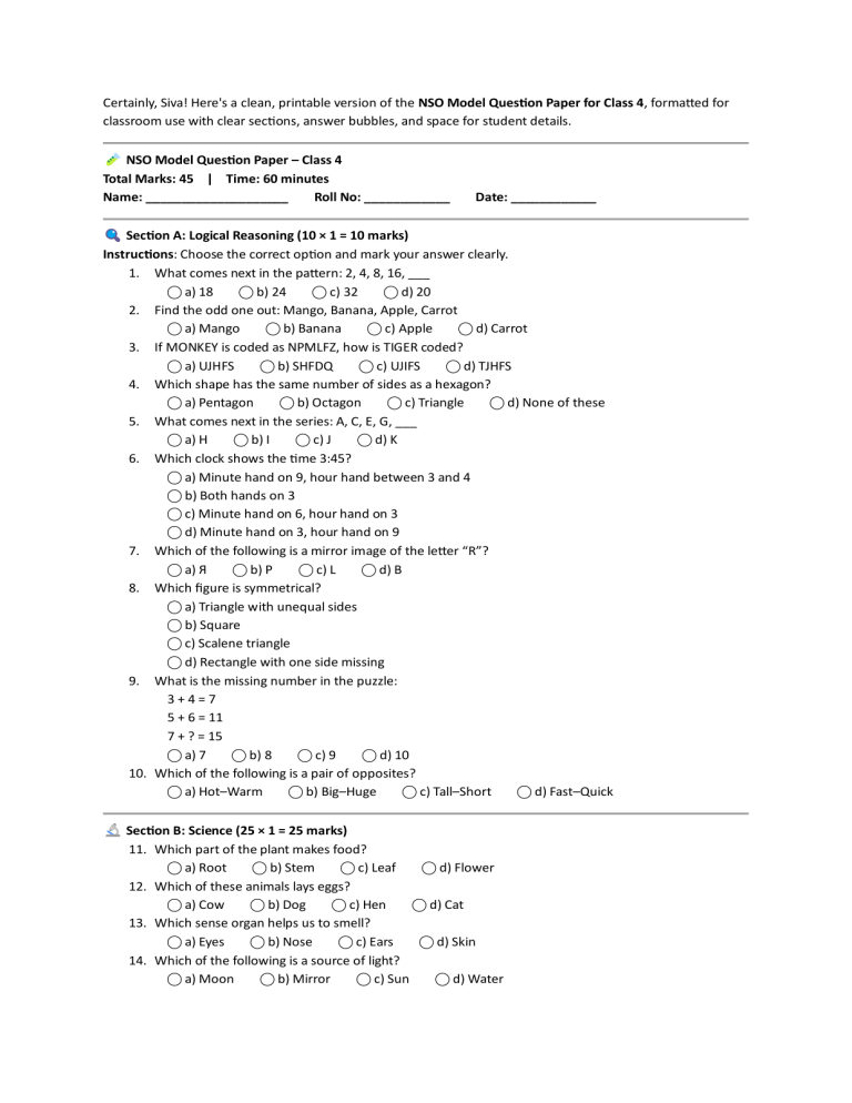 NSO Class 4 Model Question Paper: Logical Reasoning & Science
