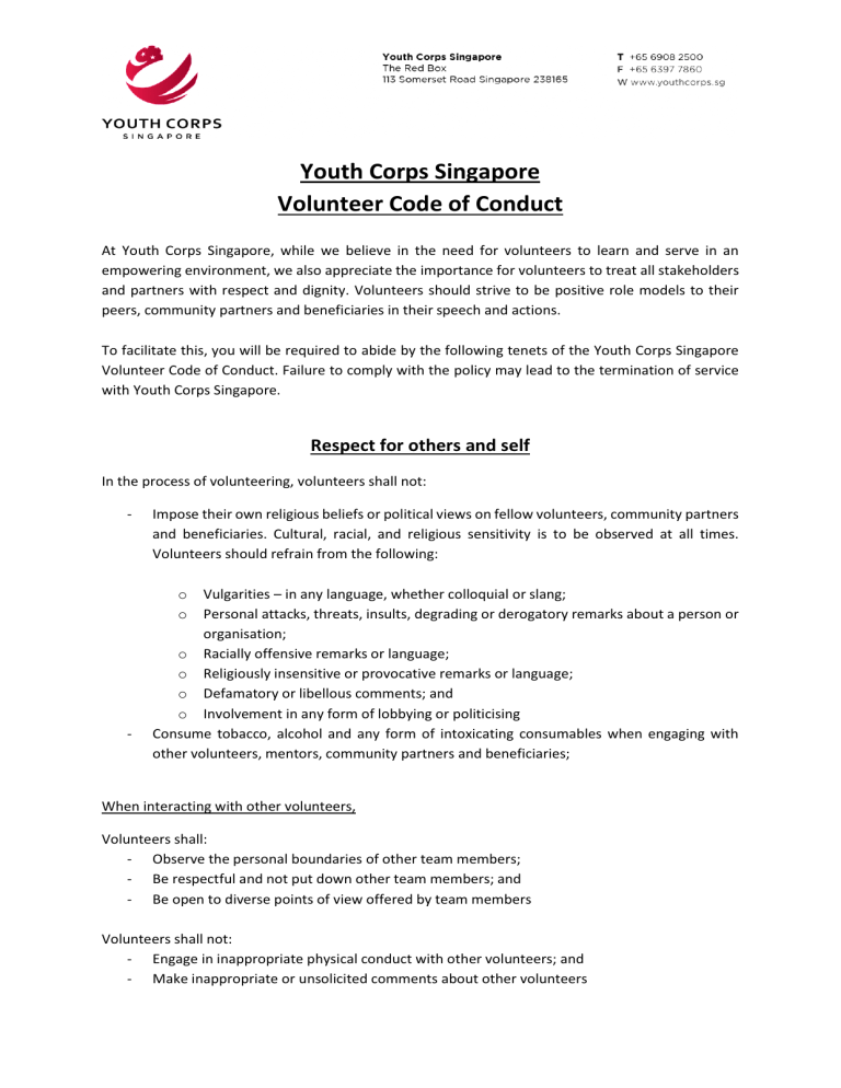 Youth Corps Singapore Volunteer Code of Conduct | Ethical Guidelines