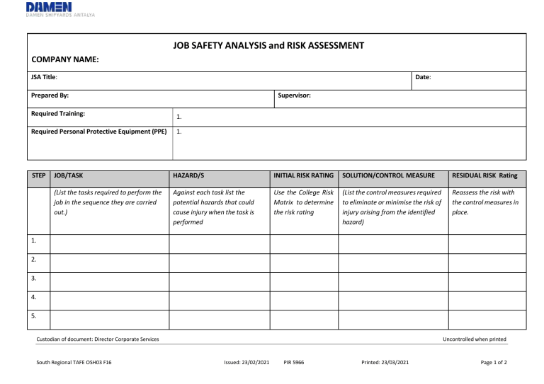 Job Safety Analysis & Risk Assessment Form | OSH Matrix & Controls