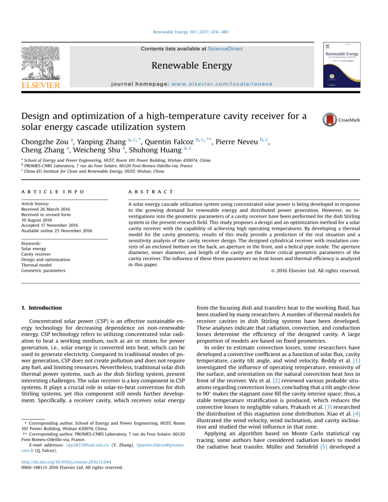 Solar Cavity Receiver Design & Optimization for Cascade Utilization