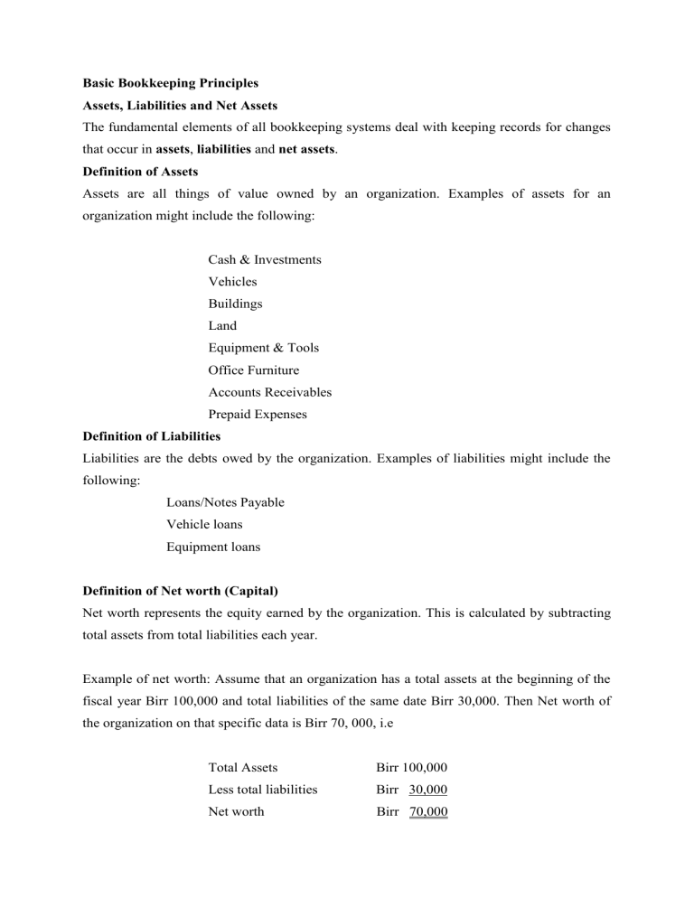 Basic Bookkeeping Principles: Assets, Liabilities & Accounting Equation