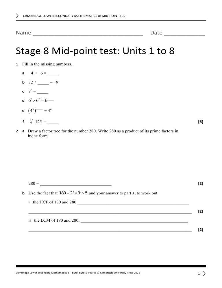 Mathematics Stage 8 Mid-point Test: Units 1-8