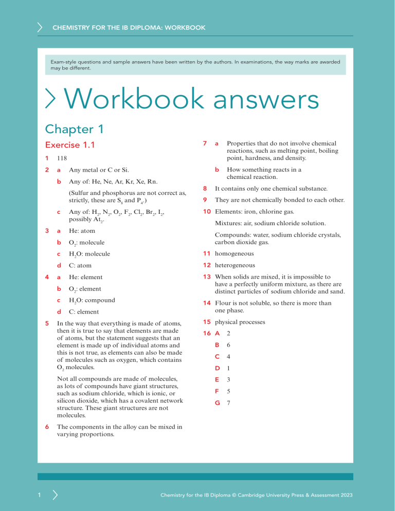 IB Chemistry Workbook Answers: Chapter 1 Solutions