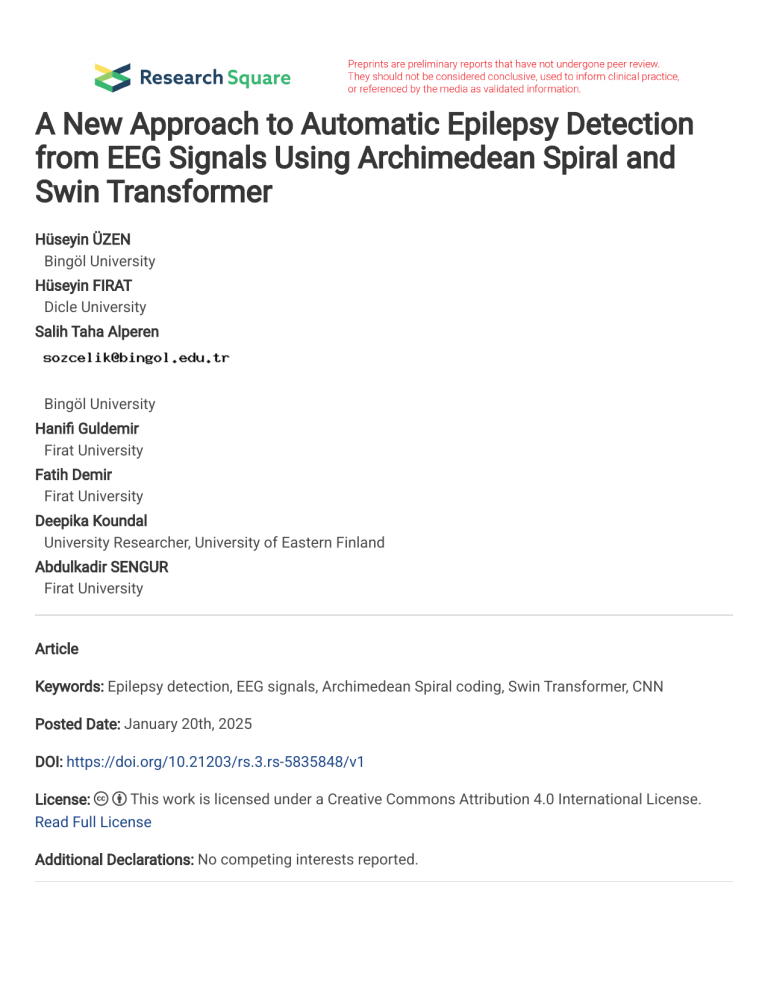 Automatic Epilepsy Detection from EEG using Archimedean Spiral & Swin Transformer
