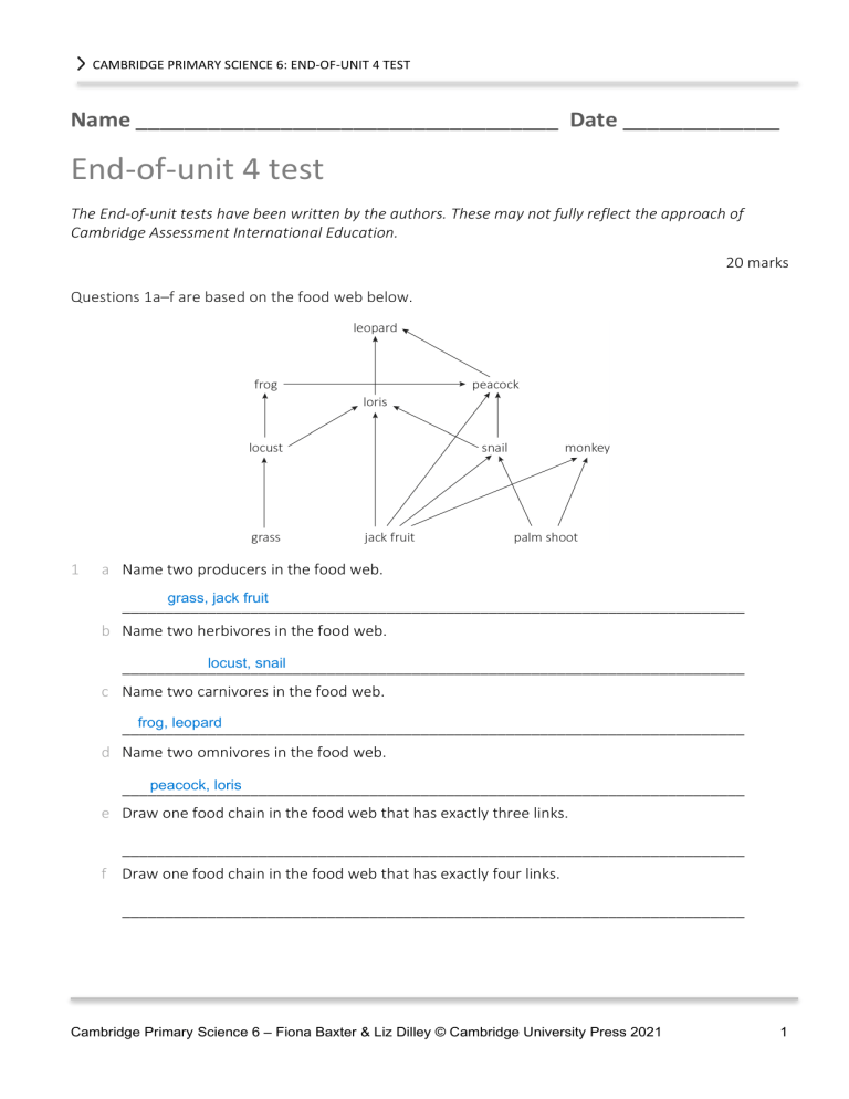 Cambridge Primary Science 6: End-of-Unit 4 Test - Food Webs & Pesticides