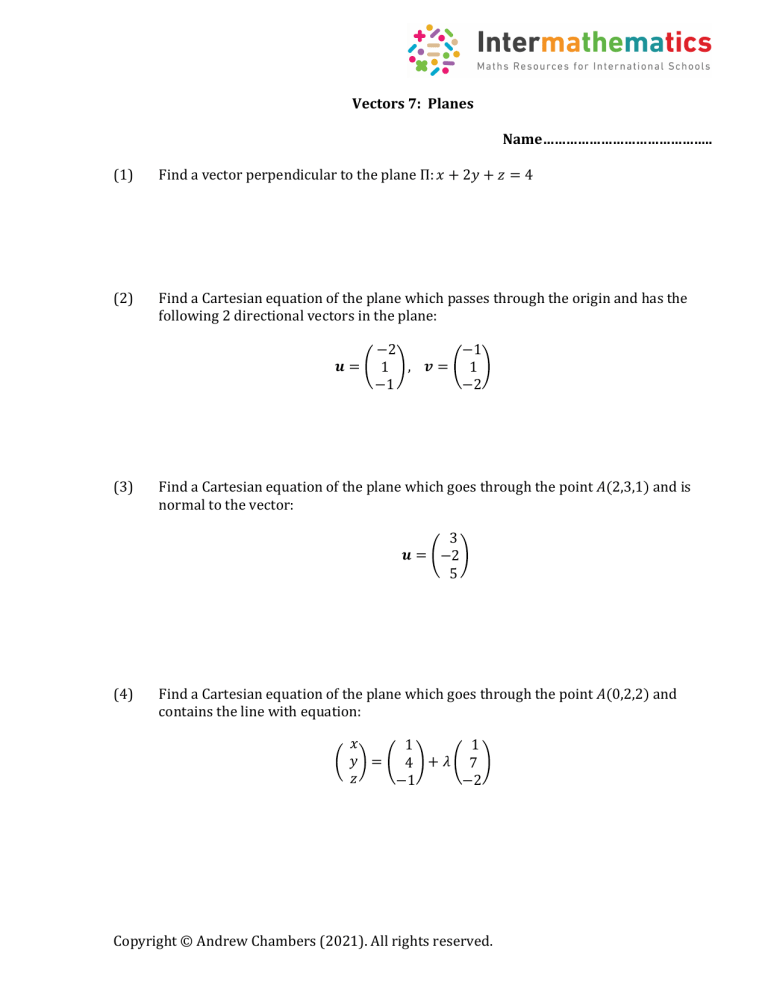 Vectors: Planes Worksheet - Equations and Problems