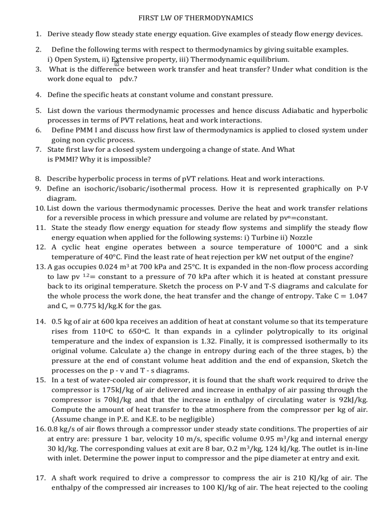 Thermodynamics Problems: First & Second Law Equations & Processes