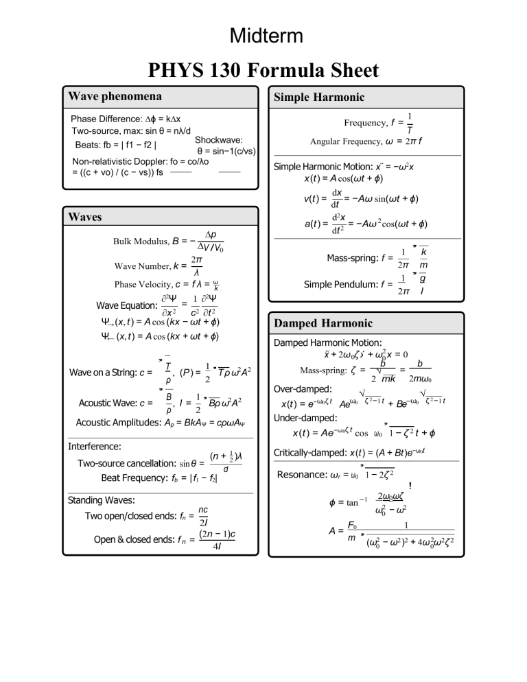 PHYS 130 Midterm Formula Sheet: Waves, SHM, Damped Harmonic