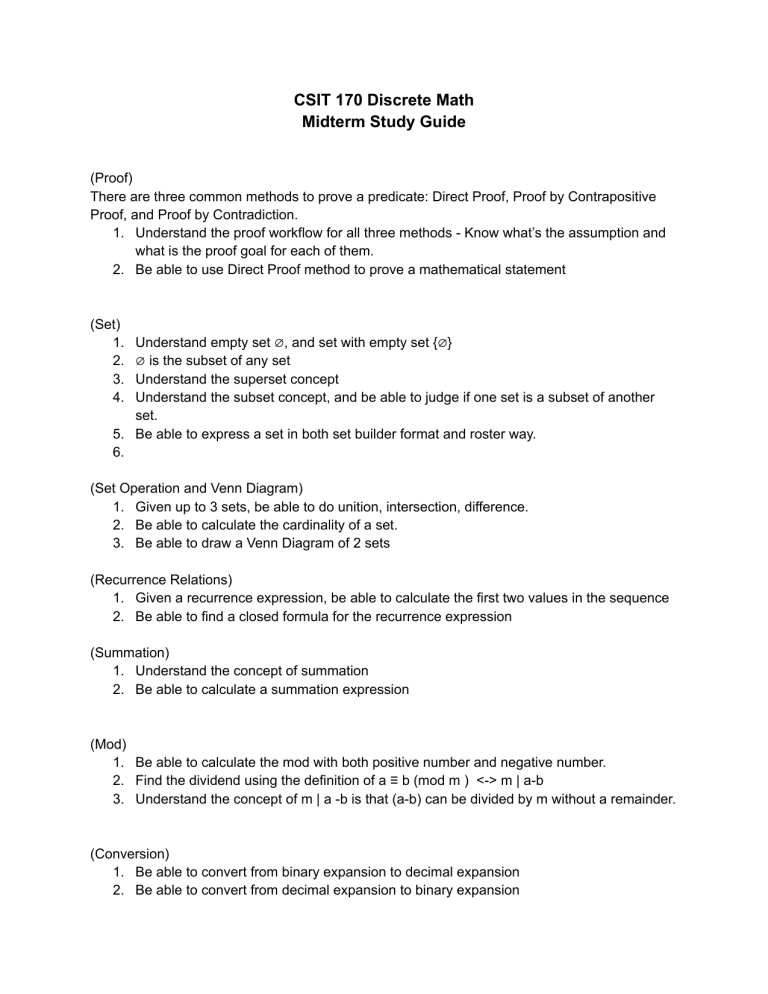 CSIT 170 Discrete Math Midterm Study Guide | Proofs, Sets, Relations