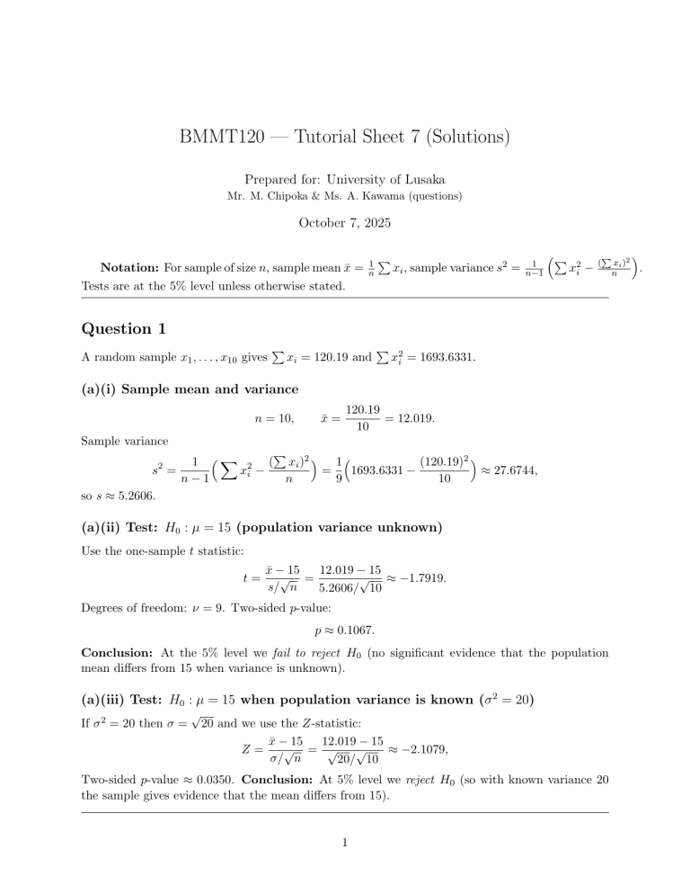 BMMT120 Tutorial Sheet 7 Solutions: Hypothesis Testing & Statistics