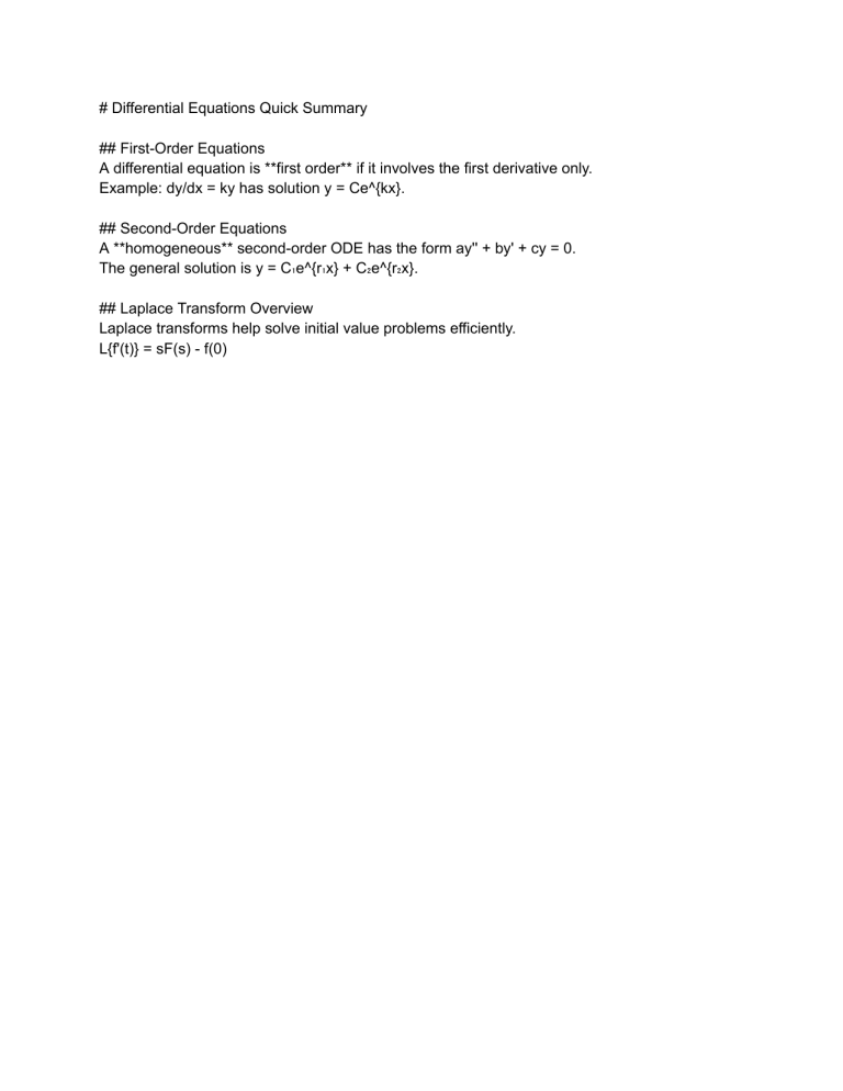 Differential Equations Quick Summary: First & Second Order, Laplace ...