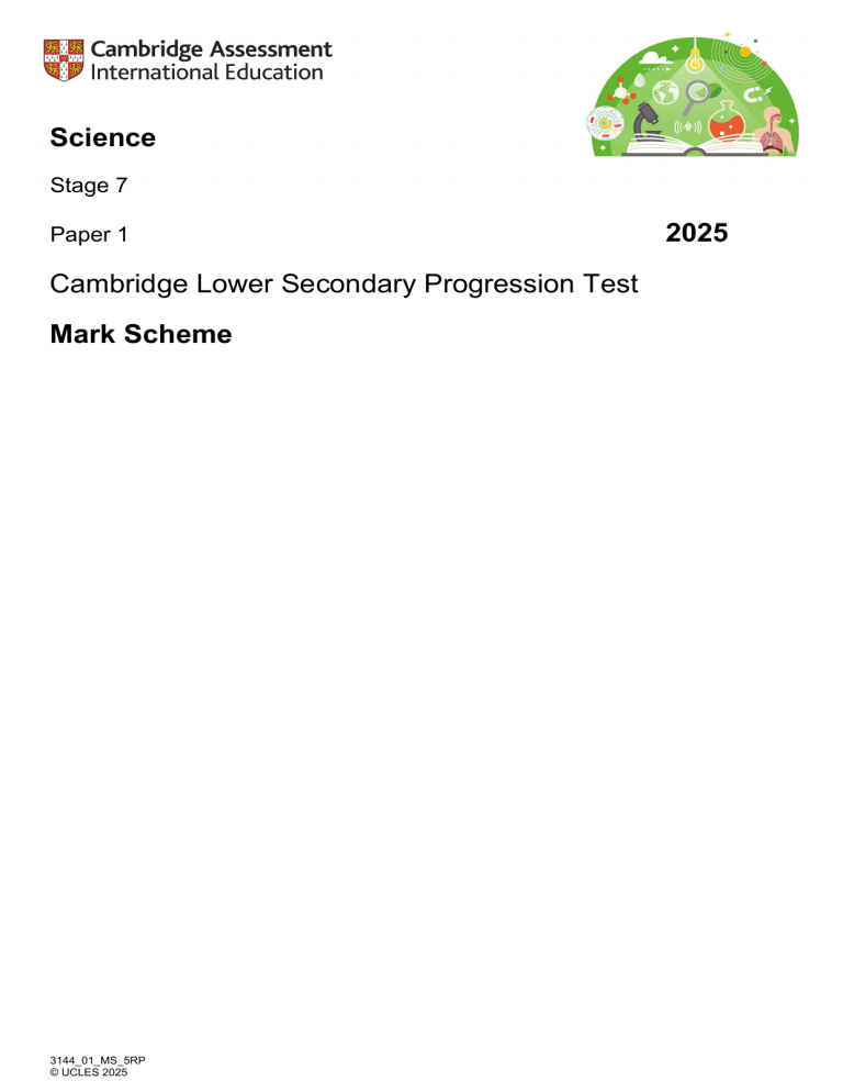 Science Stage 7 Paper 1 Mark Scheme
