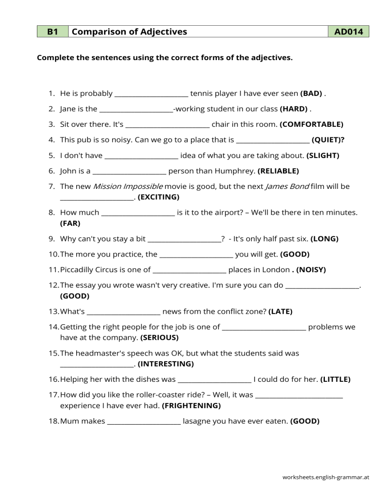 B1 English Grammar Worksheet: Comparison of Adjectives Exercises