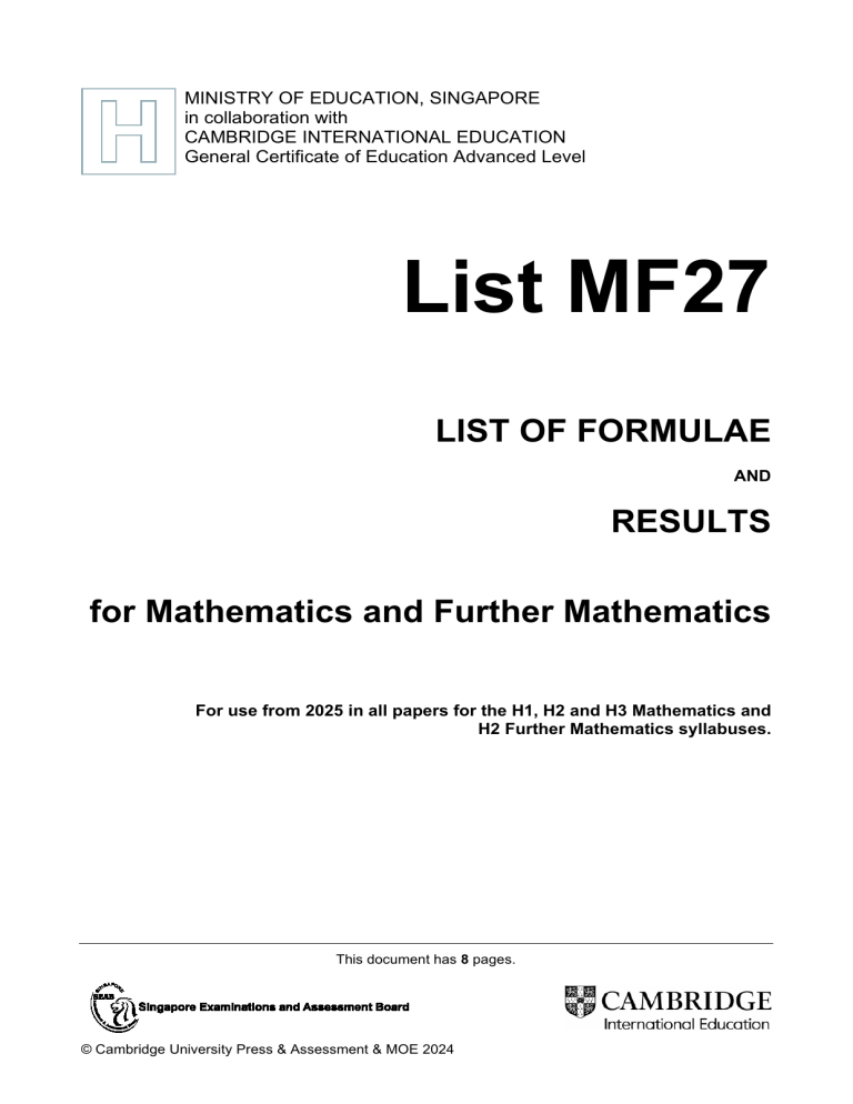 Mathematics & Further Mathematics Formulae List MF27 (2025 Syllabus)
