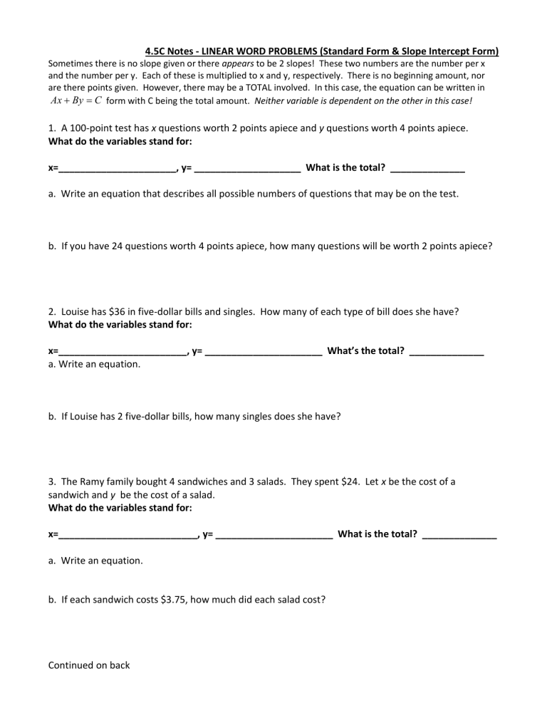 Linear Word Problems: Standard & Slope-Intercept Form Notes & Practice