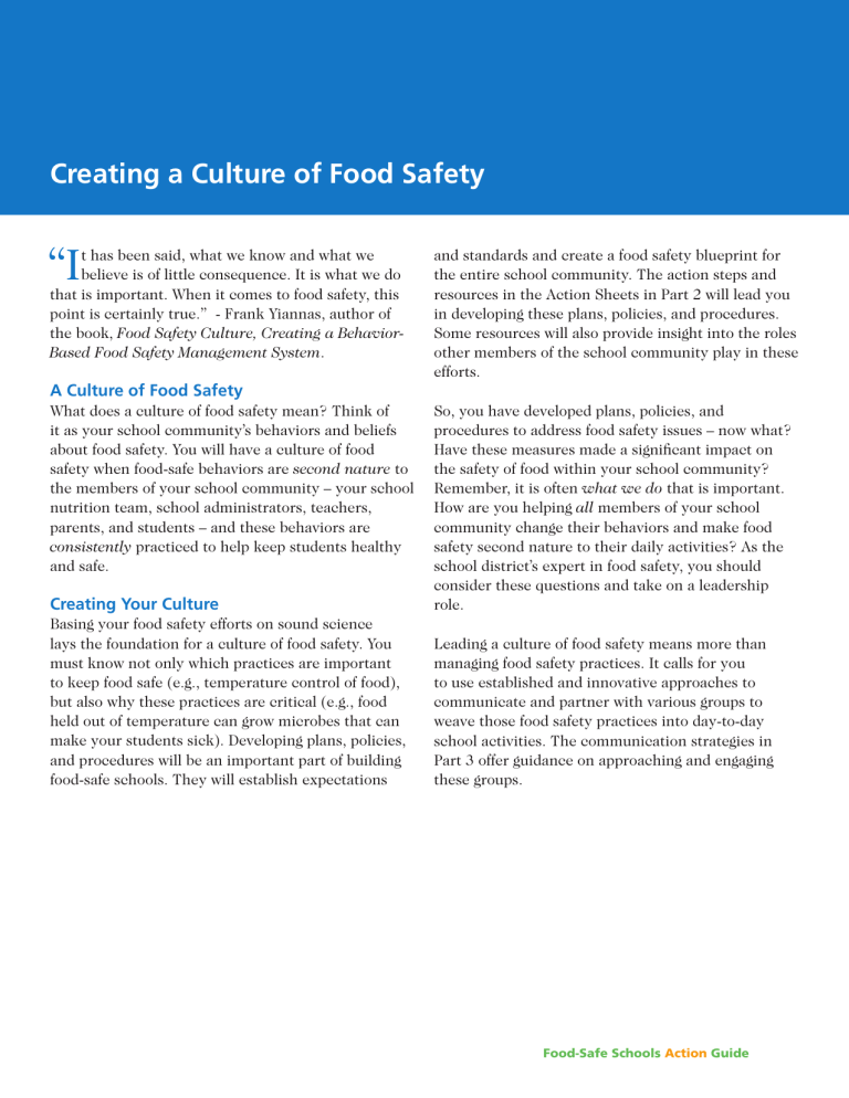 Creating a Culture of Food Safety: Food-Safe Schools Action Guide